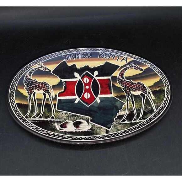 Accents | Jambo Kenya Soapstone Oval Tray Flag 2 Giraffes 1 African Art ...